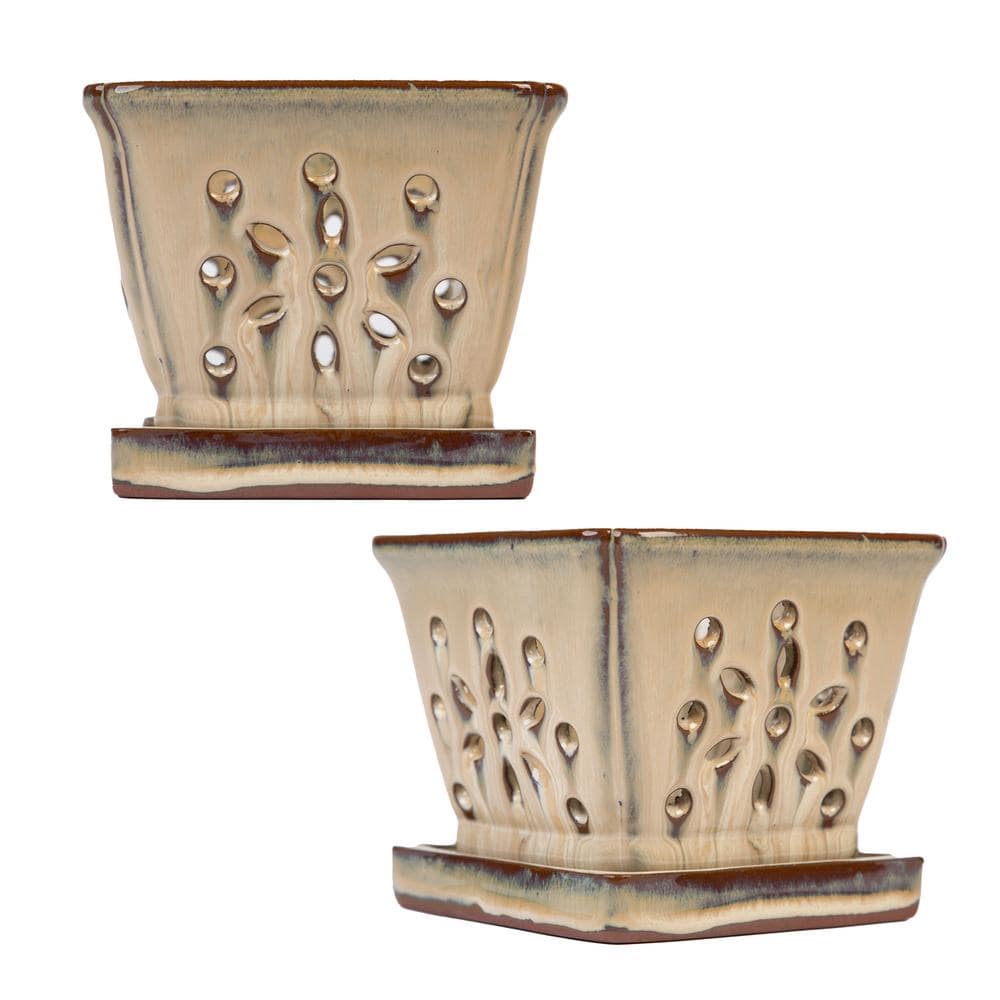 Better-Gro 5in Square Beige Ceramic Orchid Pot Twin Pack 54008 - The ...
