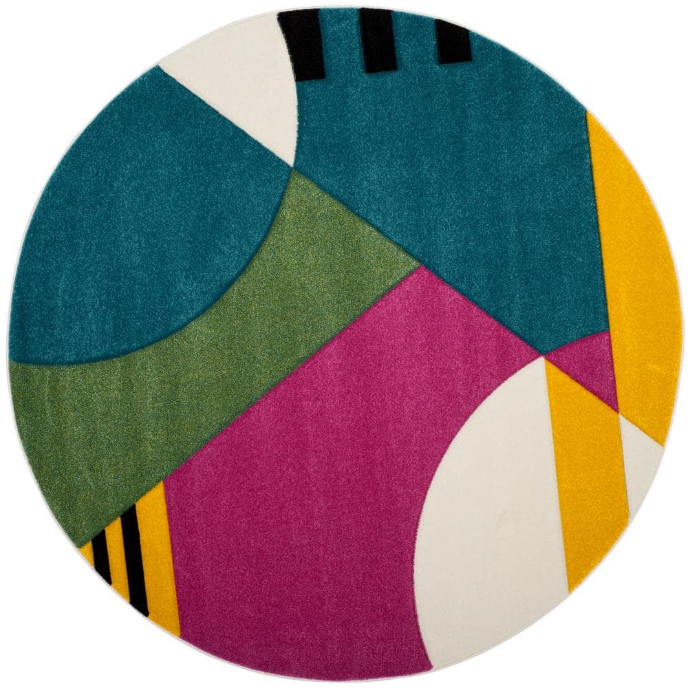 SAFAVIEH Hollywood Peacock Blue/Fuchsia 7 ft. x 7 ft. Round Abstract ...
