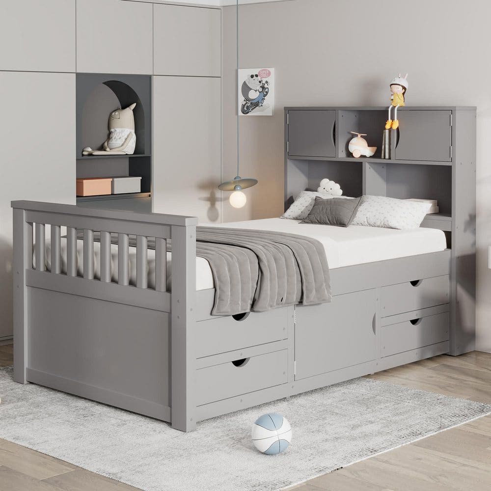 Qualler Gray Wood Frame Twin Full Platform Bed with Storage Bookcases ...