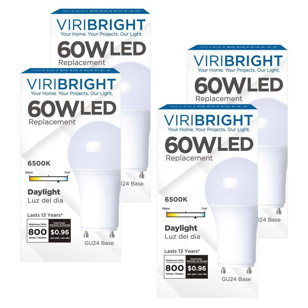 Viribright 60-Watt Equivalent A19 Non-Dimmable GU24 LED Light Bulb, Daylight 6500K (4-Pack) A19 ...