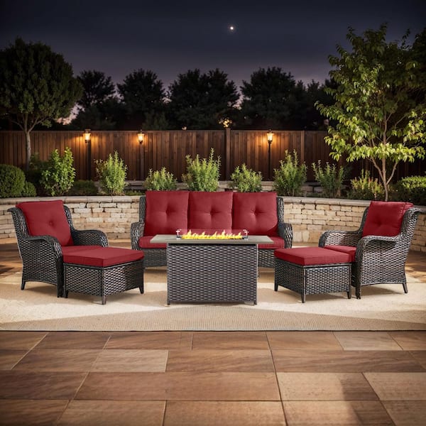moosprr Arcline 6-Piece Brown Wicker Fire Pit Conversation Set with ...