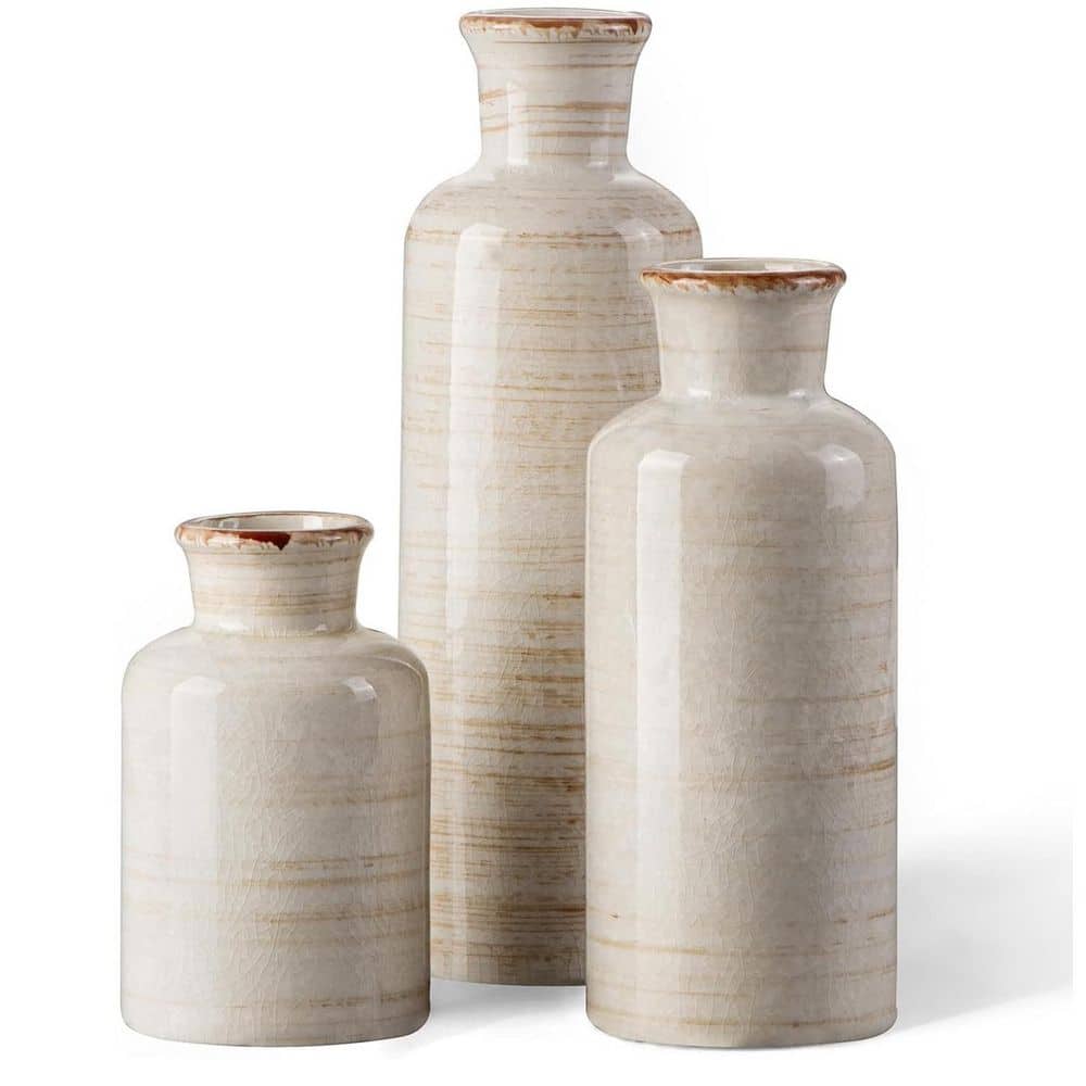 10 in. Ivory Round Ceramic Decorative Vase, 3 Piece UM728NZ - The Home ...