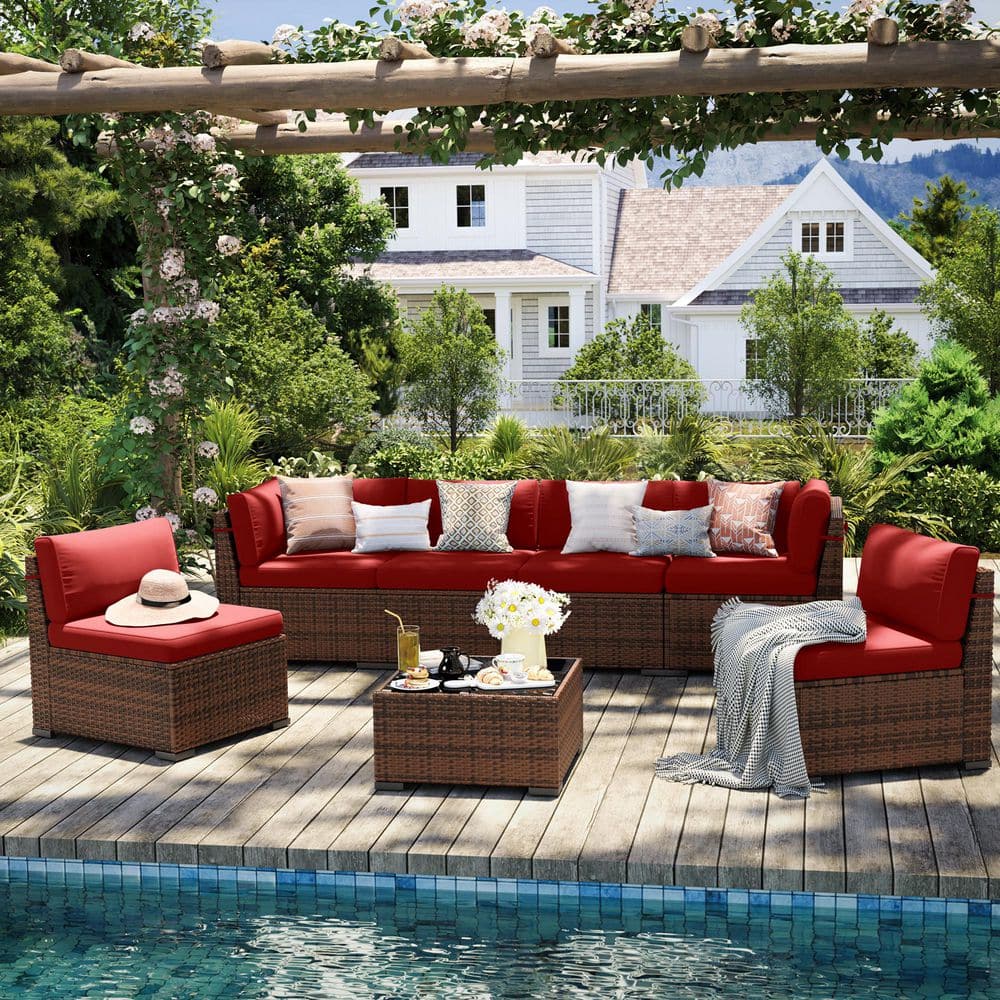 ELPOSUN 7-Piece Wicker Patio Conversation Set with Cushions Red ...