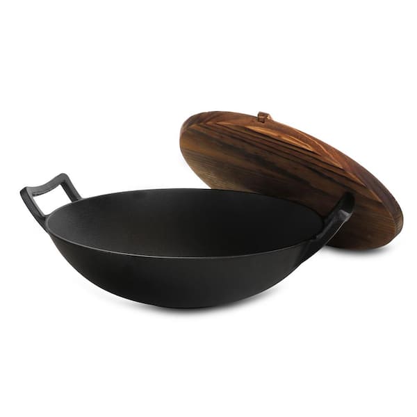 MegaChef 14 in. Heavy Duty Cast Iron Wok with Wood Lid 985116199M - The ...