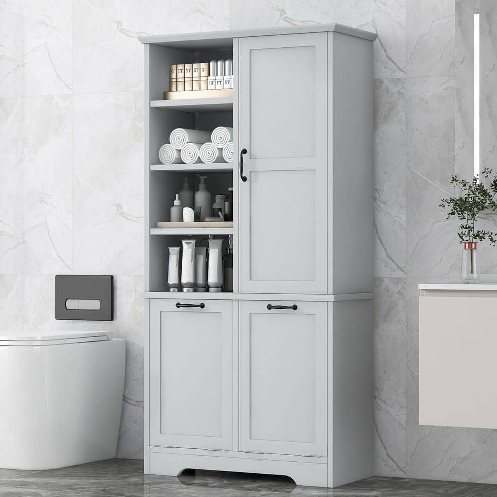JUJABU 68 in. H Gray Bathroom Pantry Organizer Storage Cabinet with ...