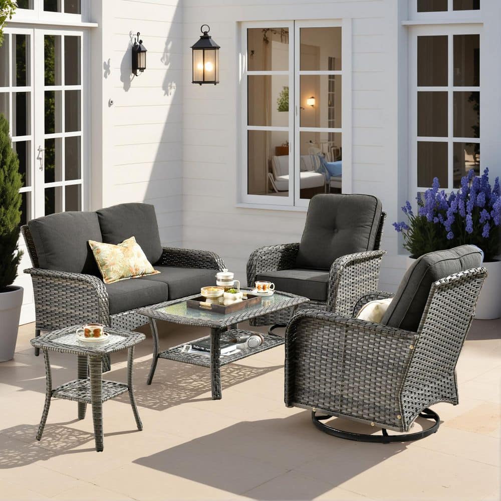 OVIOS Missisi Gray 5-Piece Wicker Patio Conversation Set with Black ...