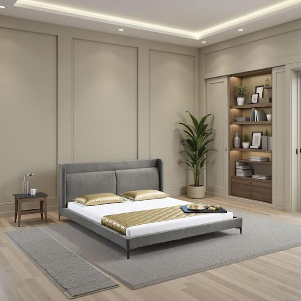 Benjara Legend Gray Wood Frame King Size Platform Bed with Black Metal ...