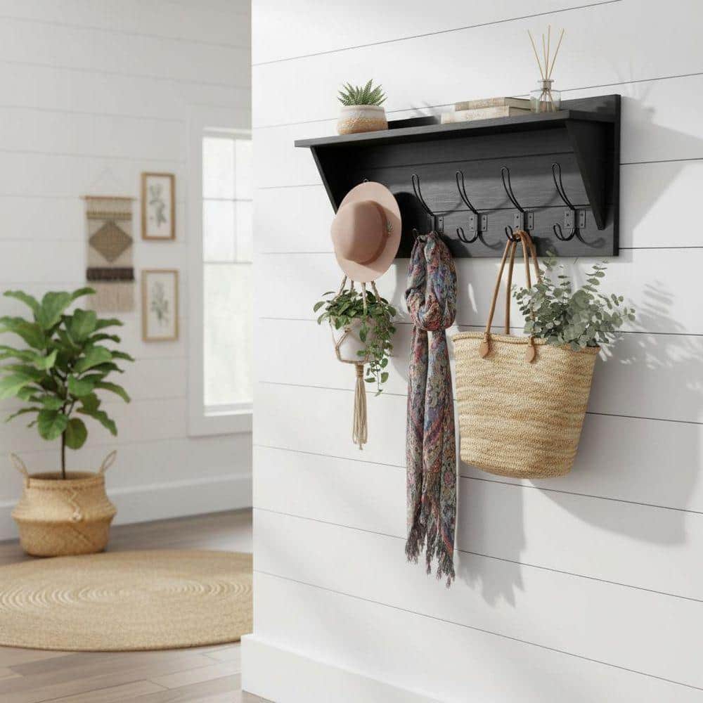 Black Wood Wall Mount Coat Rack with Shelf and 5-Rustic Hooks LINBQ480 ...