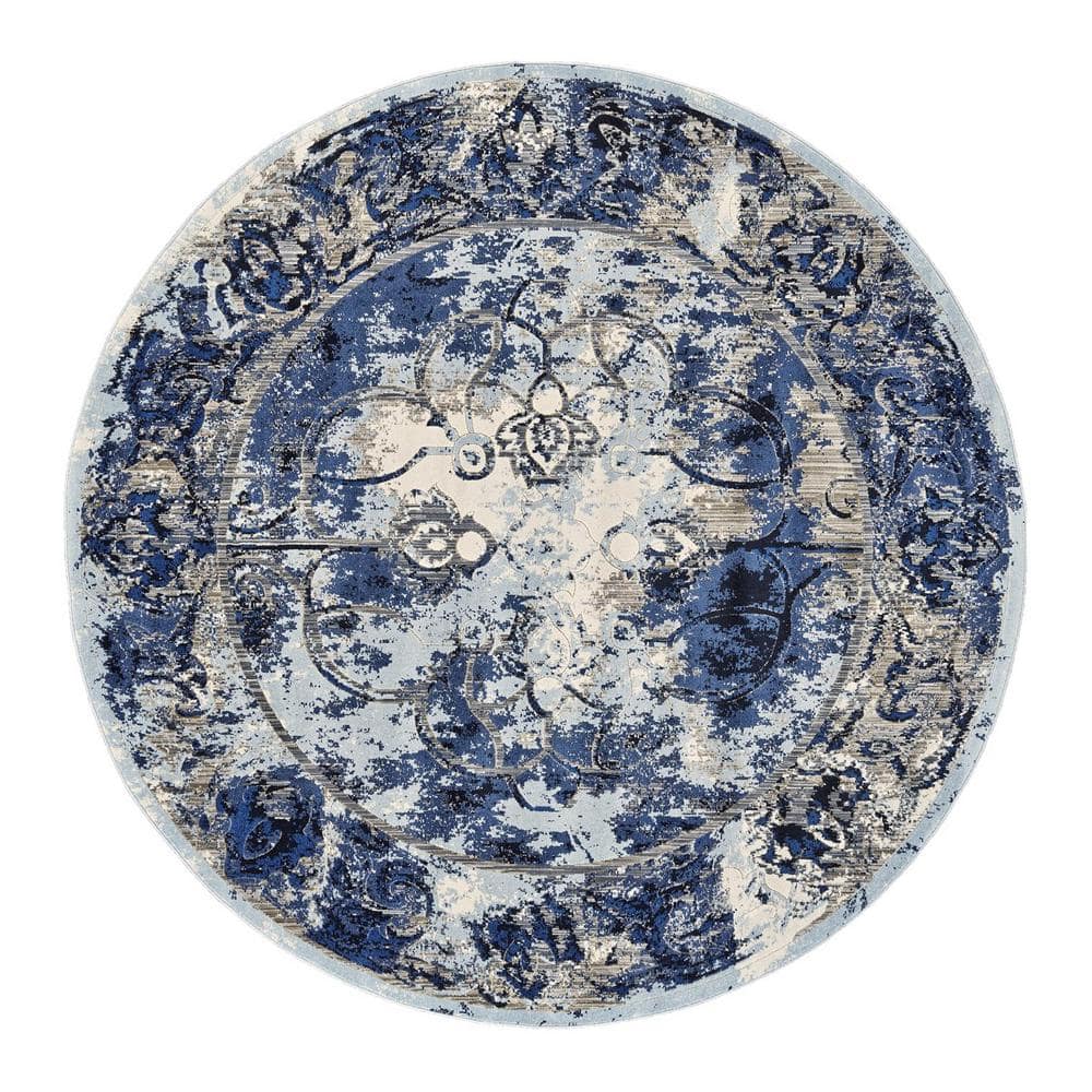 HomeRoots Blue and Ivory Floral 9 ft. Round Area Rug 2000511248 - The ...