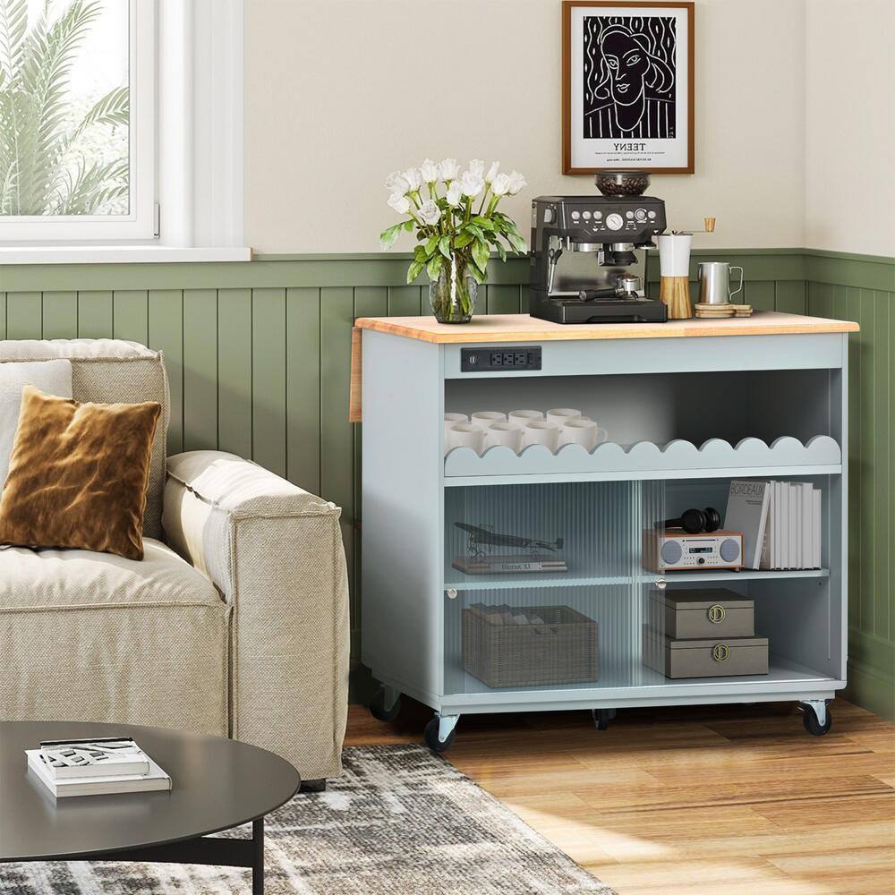 Nestfair Gray Wood 44 in. Kitchen Island with 2 Sliding Fluted Glass ...