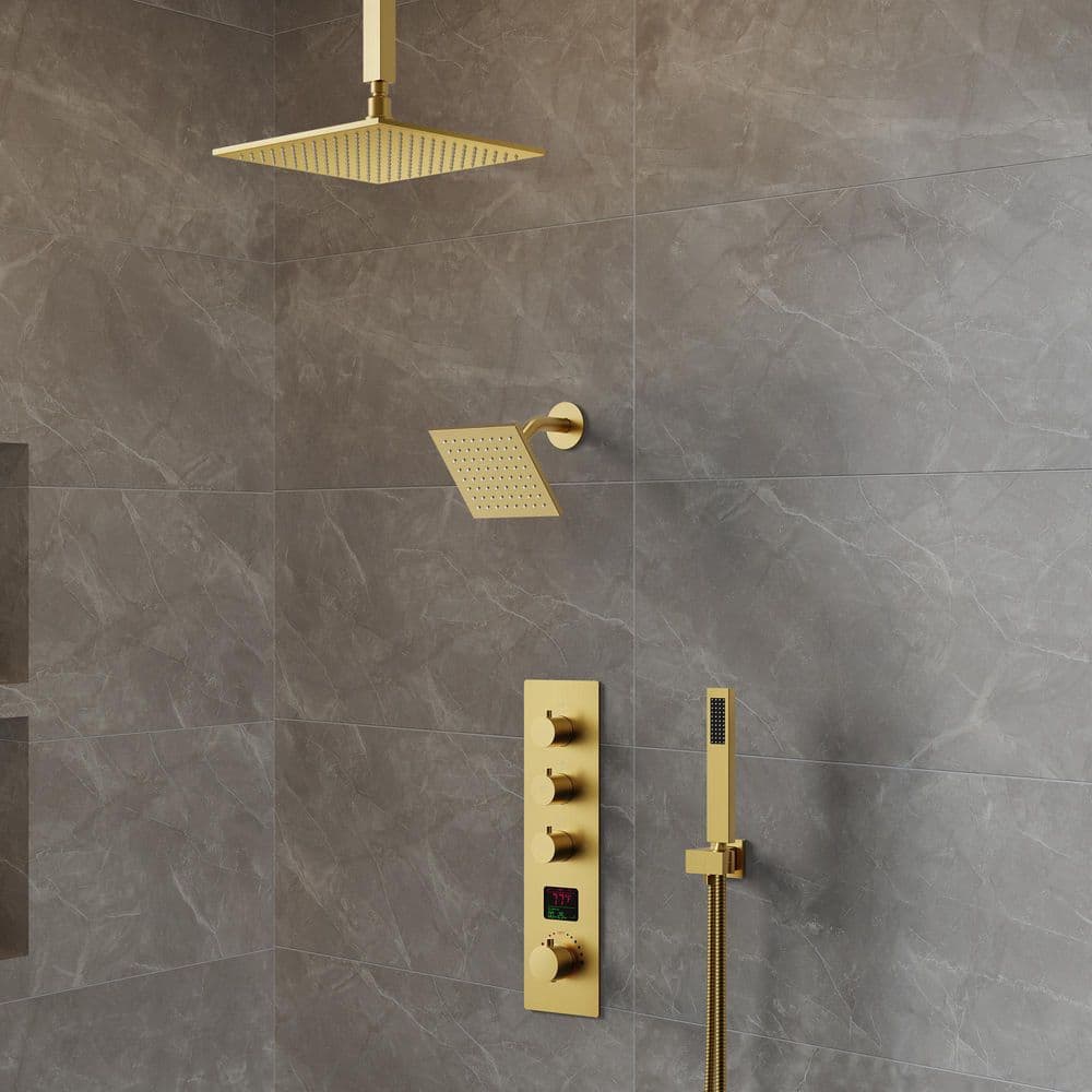 EVERSTEIN 7-Spray Patterns with 12 in. Ceiling Mounted Massage Fixed Shower Head with LED in ...