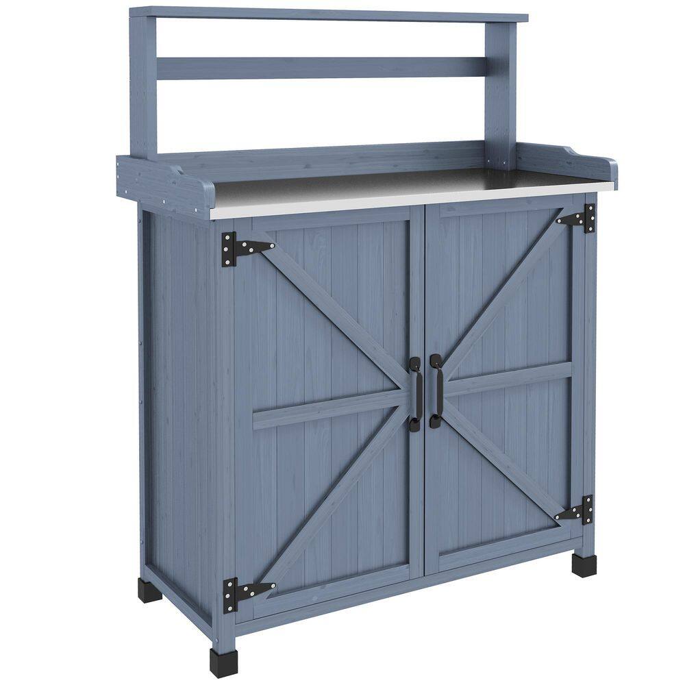 Gray Outdoor Potting Bench with Storage Cabinet & Galvanized Tabletop-2 ...