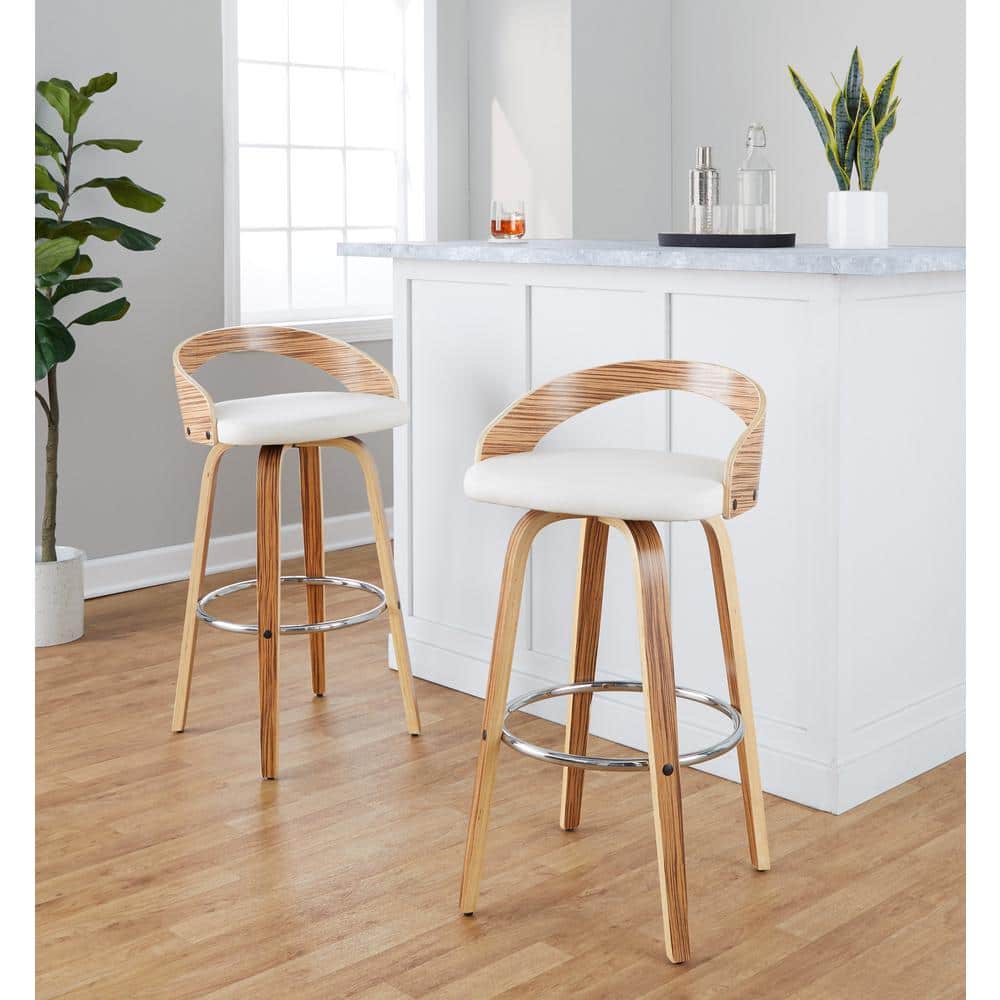 Lumisource Zebra Wood Chrome Metal White PU Grotto 30 Fixed Height Barstool Set of 2