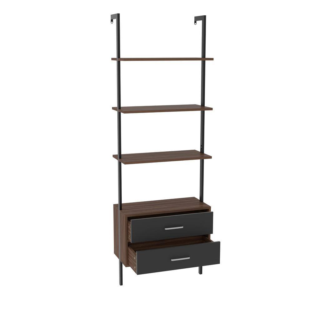 Asucoora Giltner 71 in. Brown Wood 3-Shelf Industrial Ladder Bookcase ...