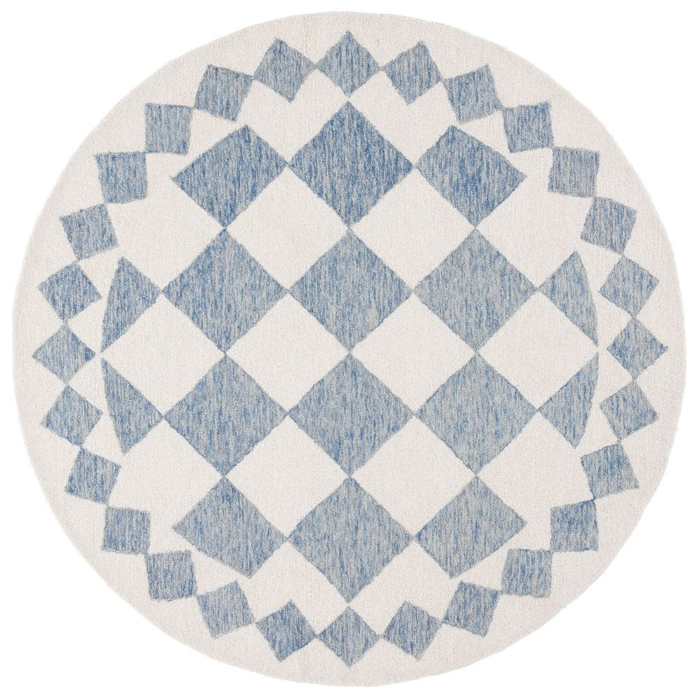 SAFAVIEH Ebony 6 ft. x 6 ft. Blue/Ivory Geometric Border Diamond Round ...