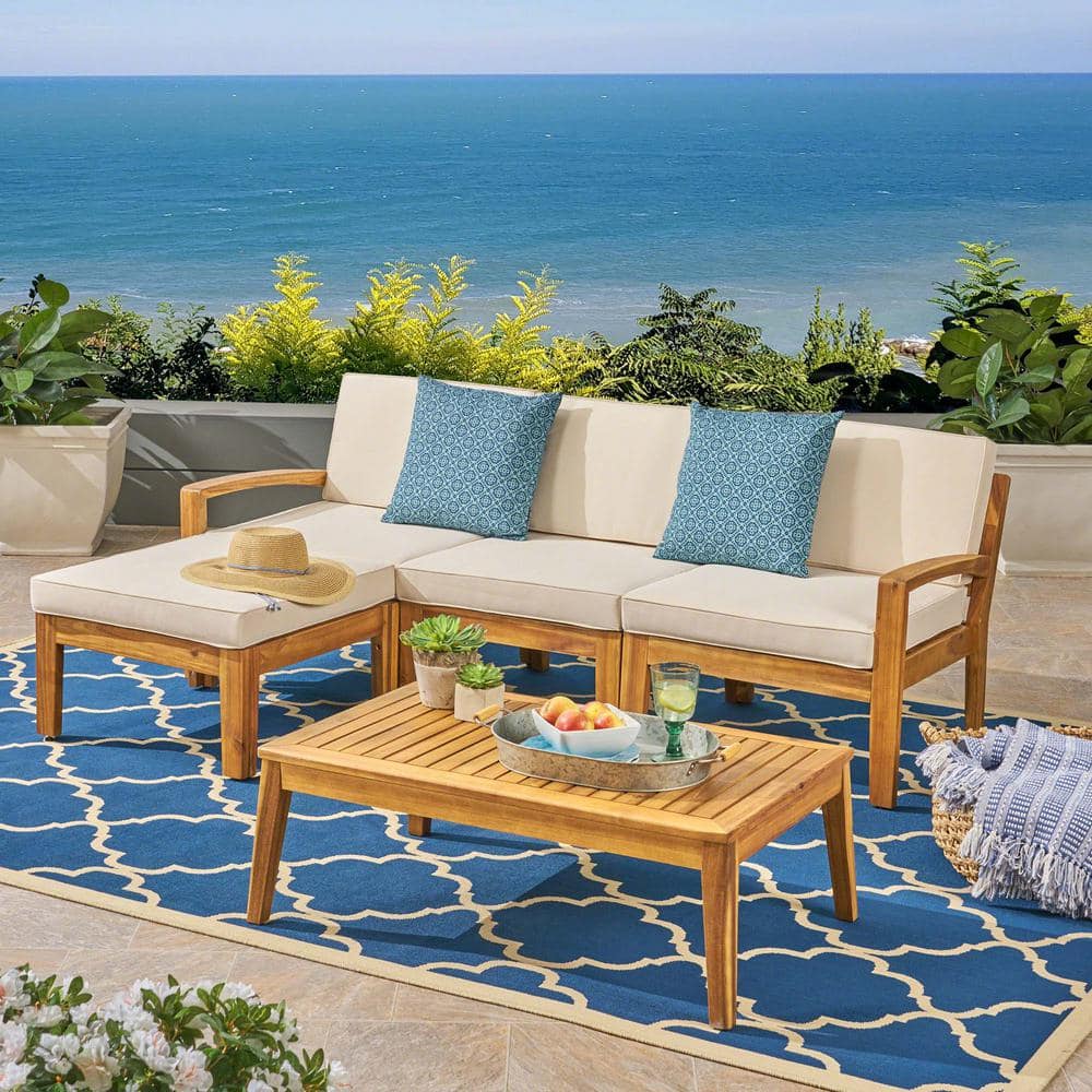 Zeus & Ruta 5-Piece L Shape Light Brown Acacia Wood Outdoor Sectional Set Patio Sofa Set with ...