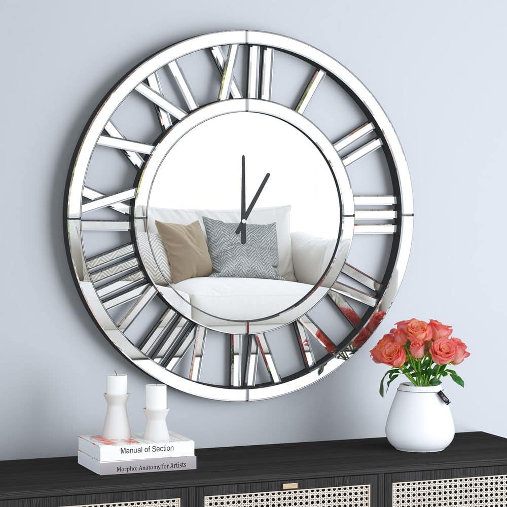 THKSHOUZ Elegant Silver 34 in. W x 34 in. H Round Wall Clock SF-MC120 ...