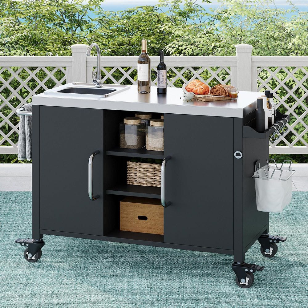 55 in. Outdoor Kitchen Island with Sink, Metal Grill Cart Table with ...