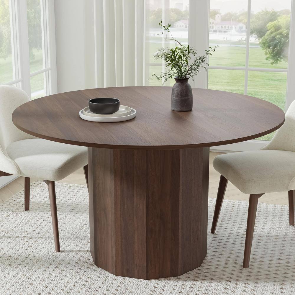 Dovelina 52 in. Wood Walnut Color Column Pedestal Round Kitchen Table ...