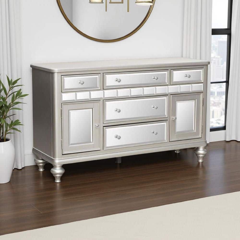 Benjara Jomo Silver Wood Sideboard Buffet Console with Mirror Front and ...