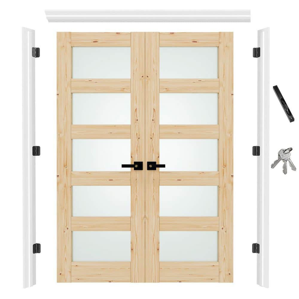 TENONER 64 in. x 80 in. Pine 5 Lite Frosted Glass Interior French Door ...