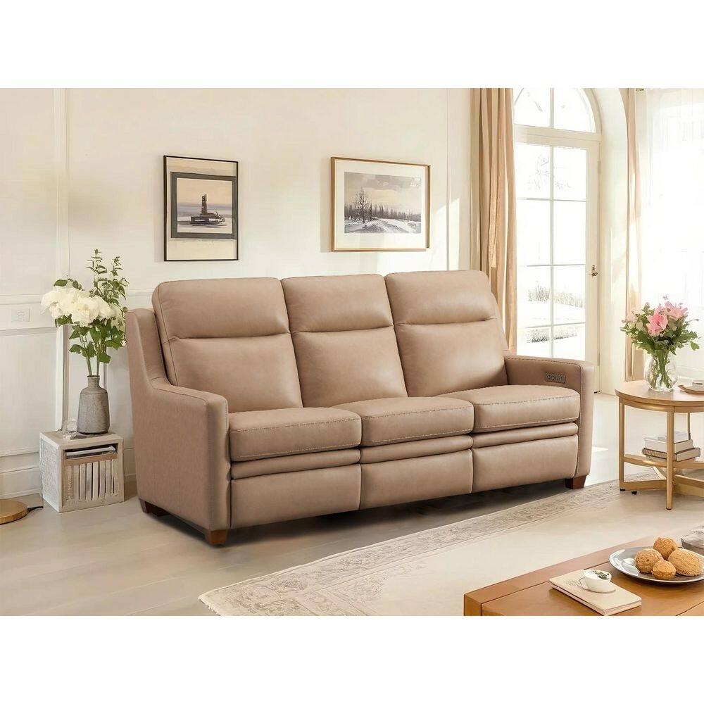 Ellesophas 77 in. Straight Arm Genuine Leather 3-Seater Triple Power ...