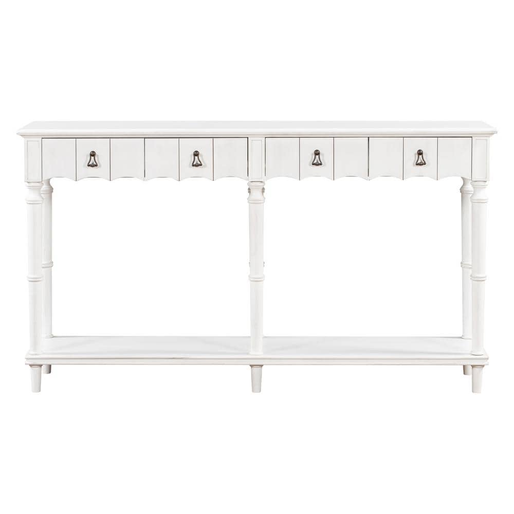 Polibi 63.00 in. Antique White Rectangle Wood Console Table with 4 ...