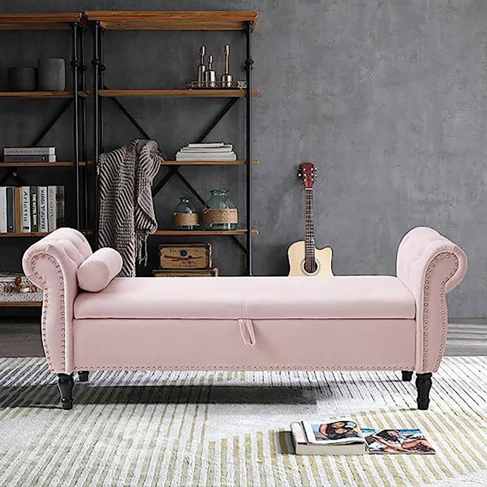 Pink Velvet Upholstered Ottoman 63 in. Bedroom Bench Tufted Storage ...
