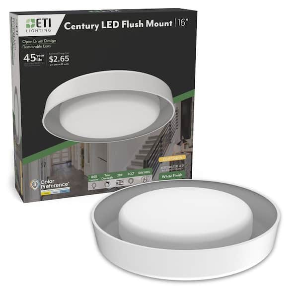 ETI LIGHTING CENTURY 16 in. White Drum Shade LED Flush Mount Ceiling ...