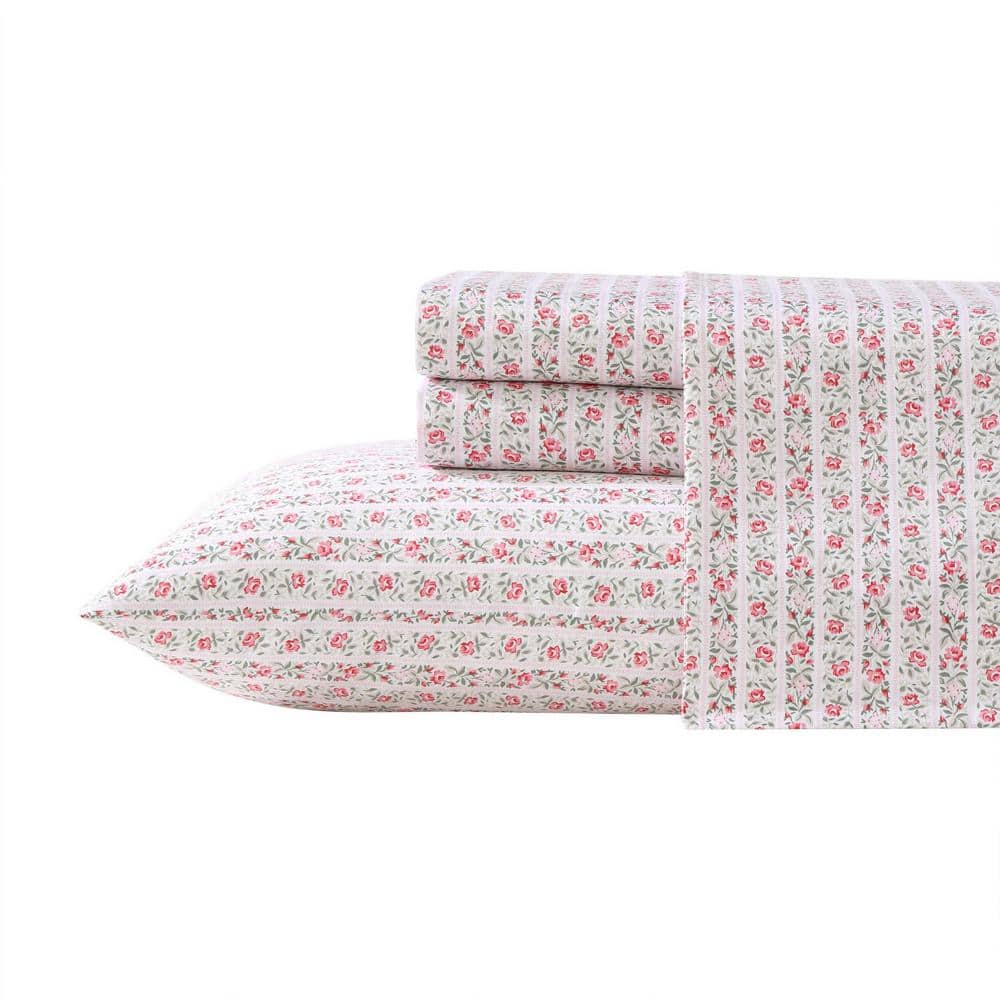 Laura Ashley Marta Stripe 4-Piece Pink/Green Sateen Queen Sheet Set ...