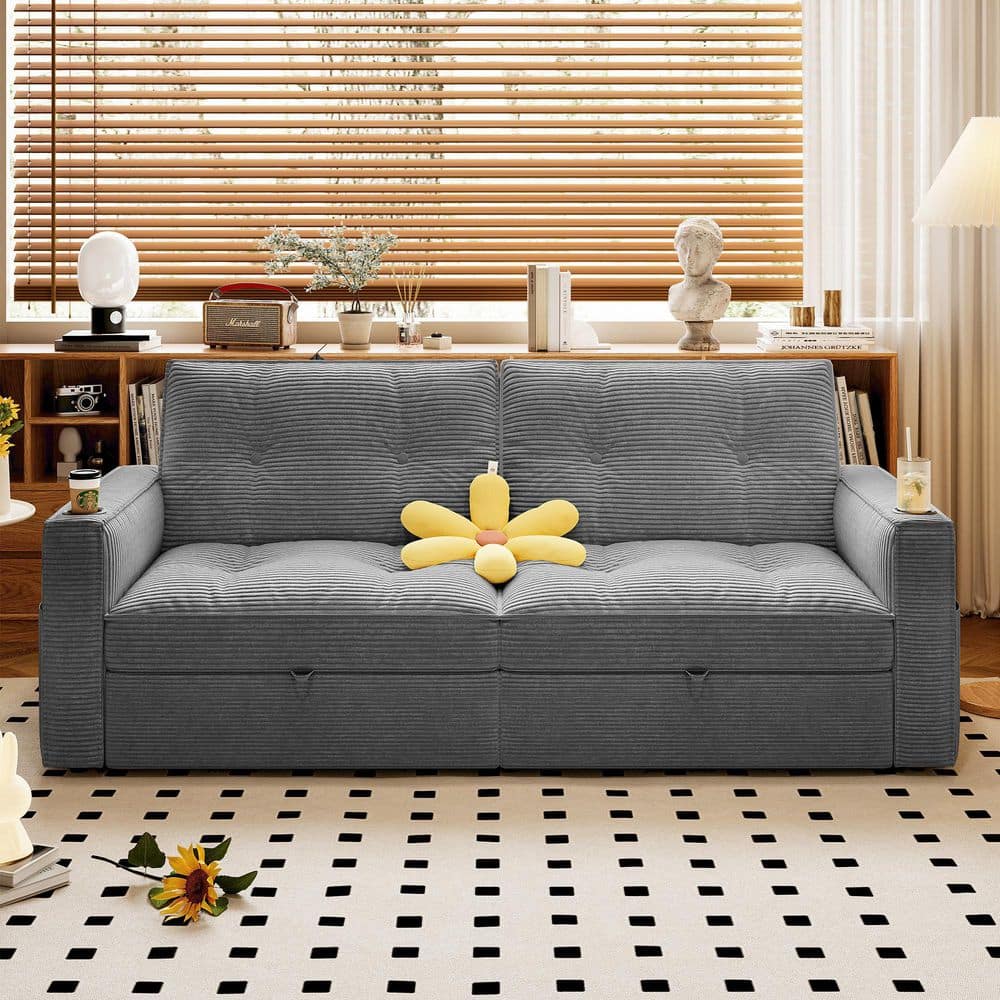Boyel Living 73.2 in. Gray Corduroy Twin Size 2-Seat Sleeper Sofa Bed ...