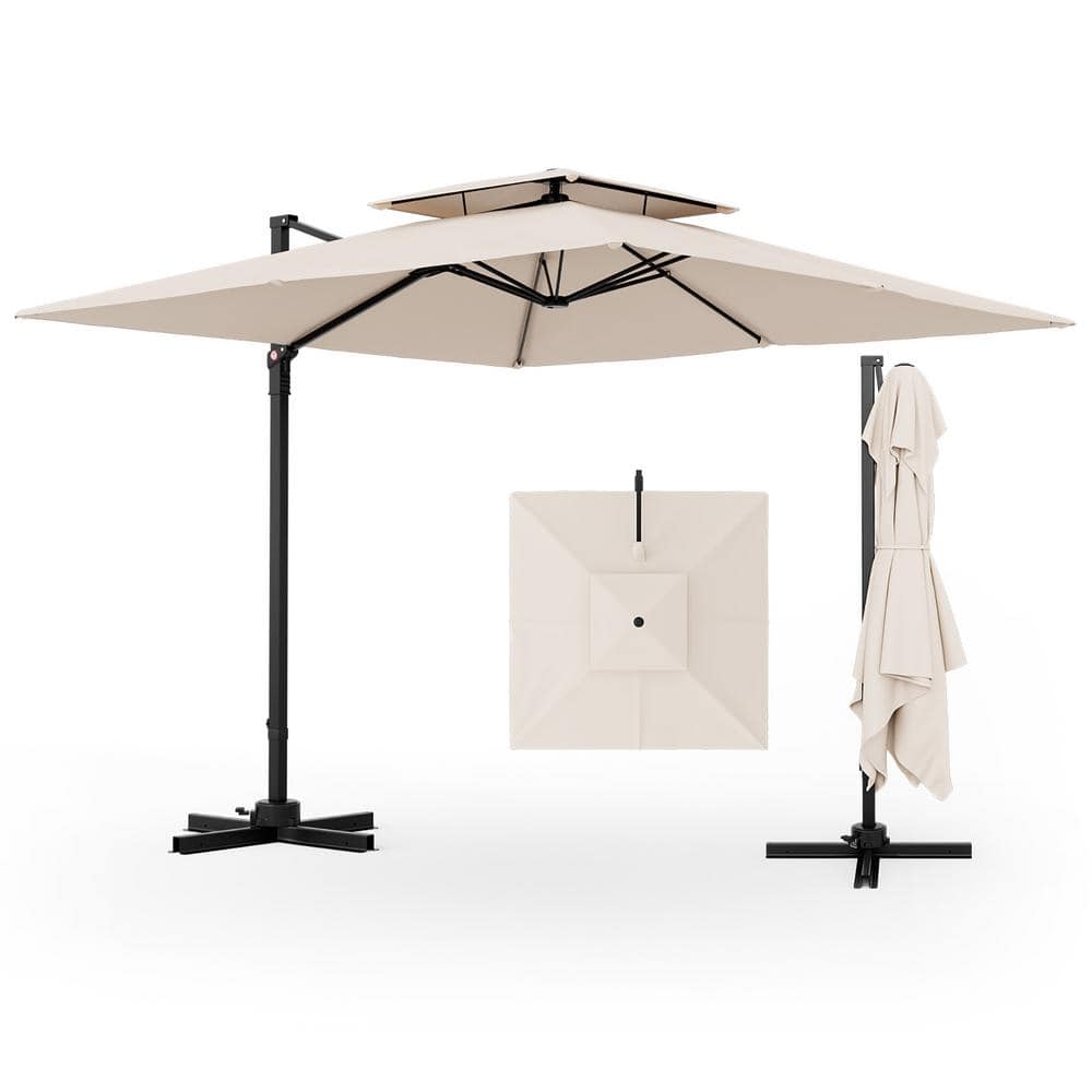 Gymax Patio 9.5 ft. Square Cantilever Offset Umbrella Double Vented 360-Degree Heavy-Duty Beige ...