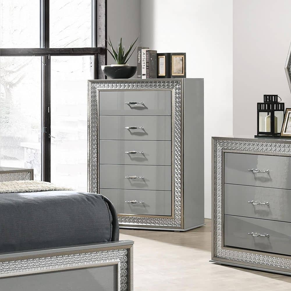 Furniture of America Curton Metallic Gray 5-Drawer 34 in. Chest of ...