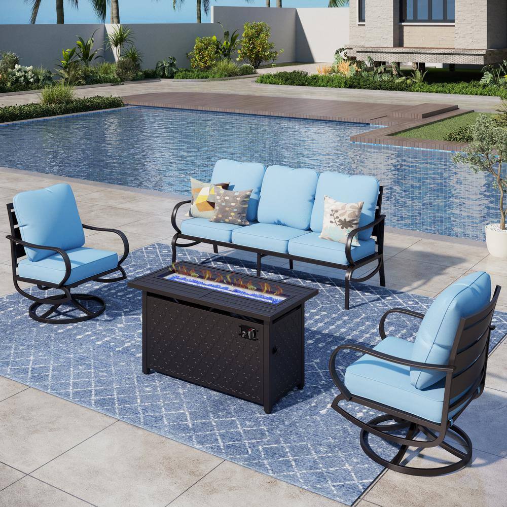 PHI VILLA 5 Seat 4-Piece Metal Outdoor Patio Conversation Set with Blue ...