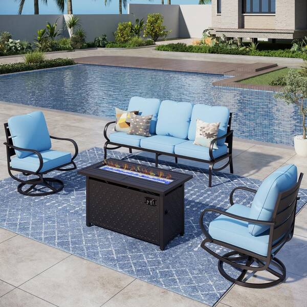 PHI VILLA 5 Seat 4-Piece Metal Outdoor Patio Conversation Set with Blue ...