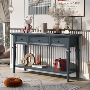 URTR 50 in.Navy Rectangle Wood Long Console Table with Drawers and 2 ...