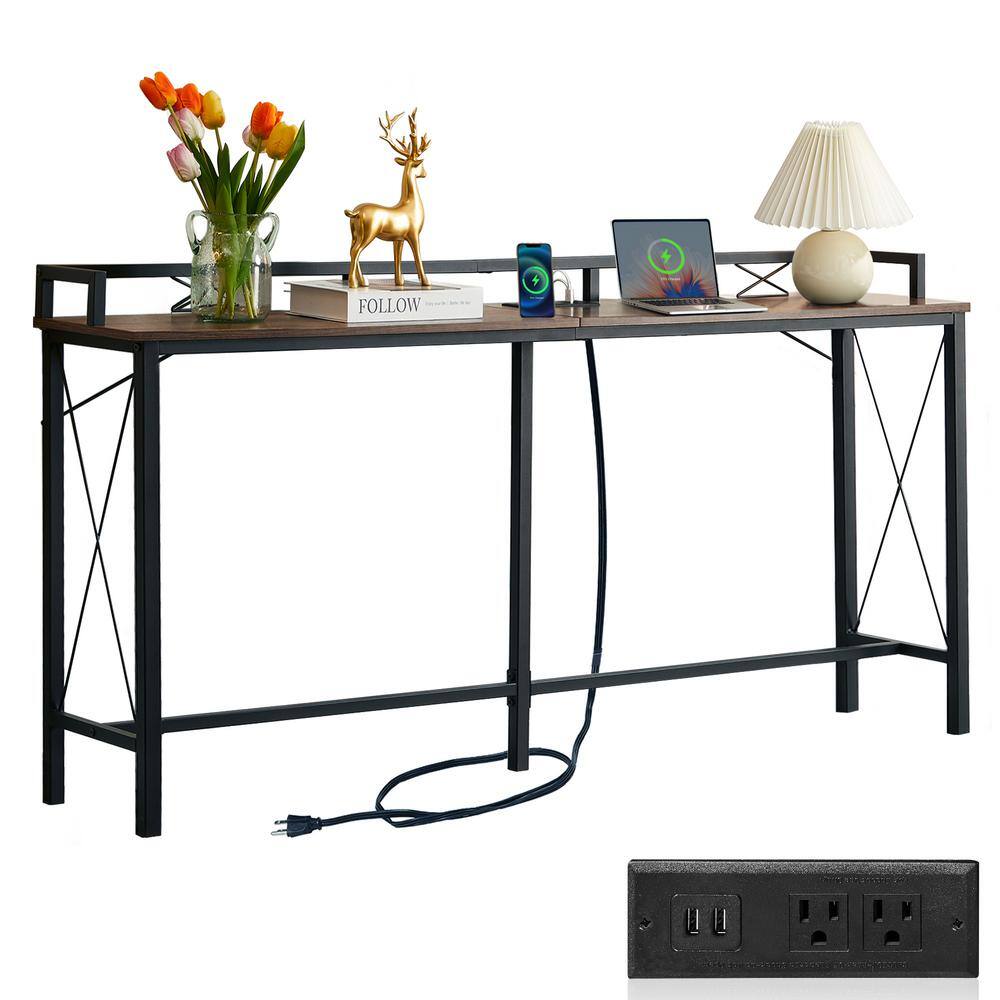 VECELO Narrow Charging Station 55.1 in. Brown Rectangle Wood Console ...