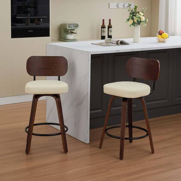 Beige Modern Bar Stools Set of 2, Faux Leather Upholstered Swivel Bar ...