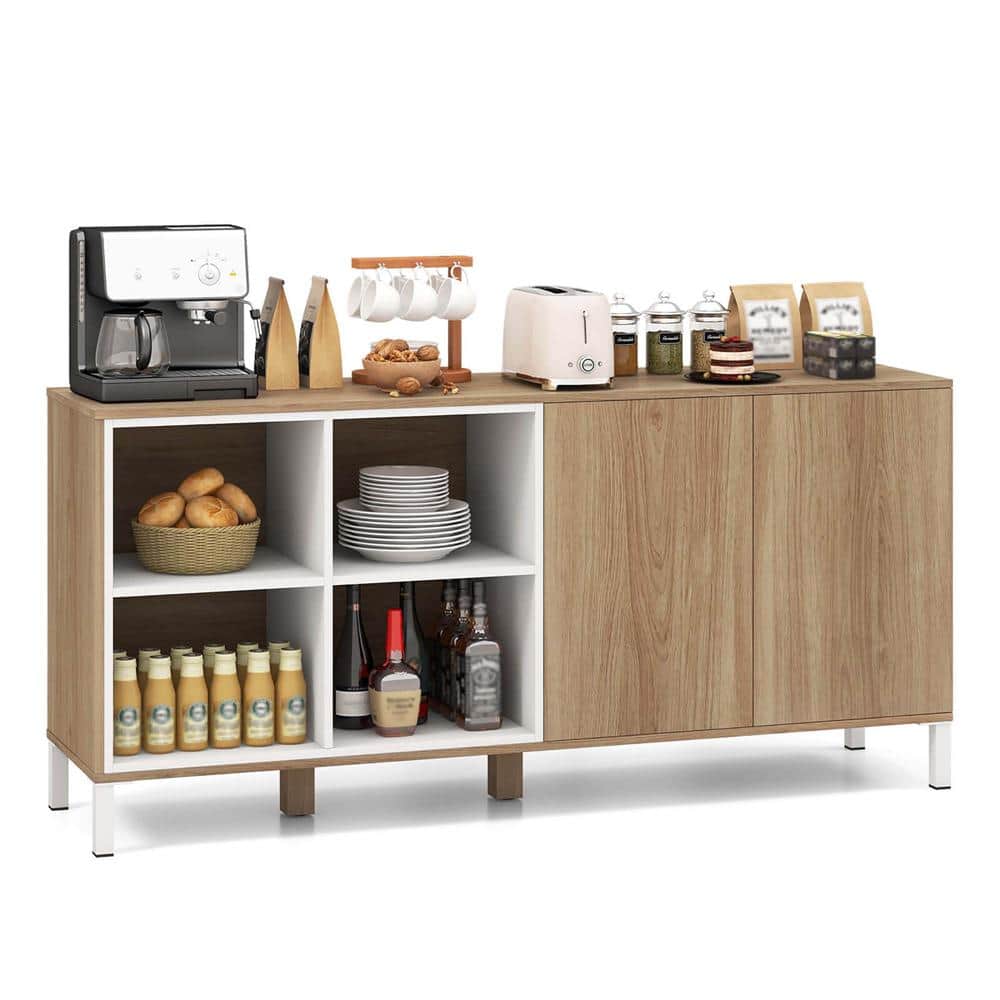 Costway Natural Wood 63 in. Buffet Sideboard with 4 Compartments ...