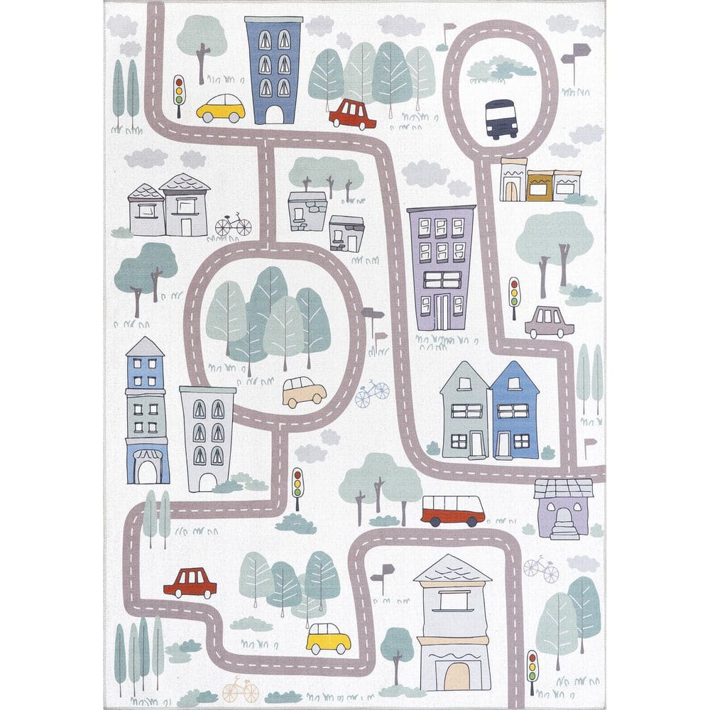 nuLOOM Chalea Kids Town Machine Washable White 7 ft. x 9 ft. Area Rug ...