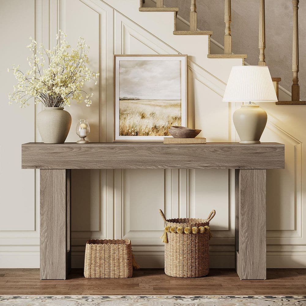 BYBLIGHT Turrella 63 in. W Gray Rectangle Wood Sofa Console Table ...