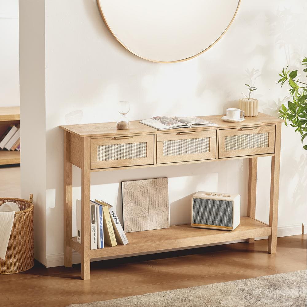 SKYSHALO Rattan Console Table with 3 Storage Drawers, Rattan Entryway ...
