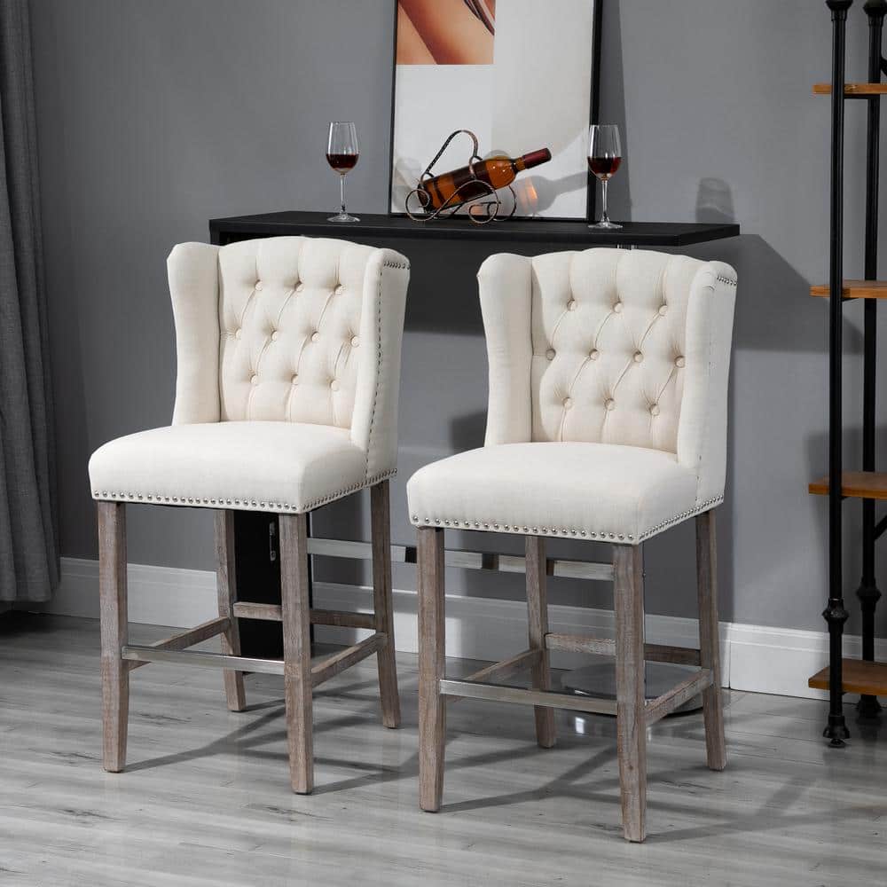 HOMCOM 41" Beige Wingback Rubberwood 26.75" Bar Chair with Polyester ...