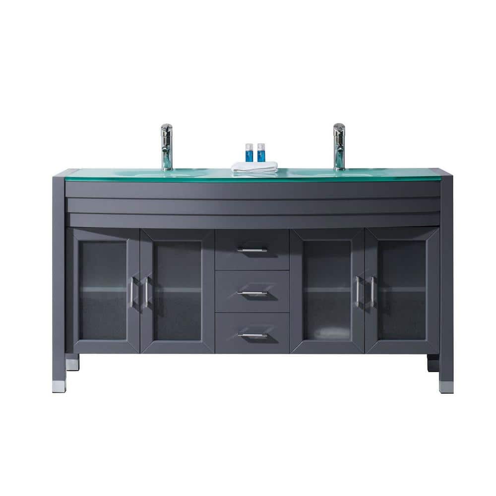 Virtu USA Ava 63 in. W Bath Vanity in Gray with Glass Vanity Top in ...