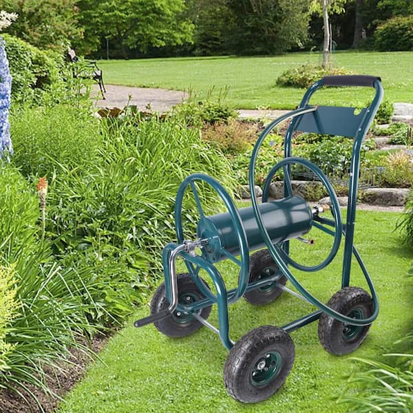 Huluwat 24.5 in. W Green 4 Wheels Portable Garden Hose Reel Cart with ...