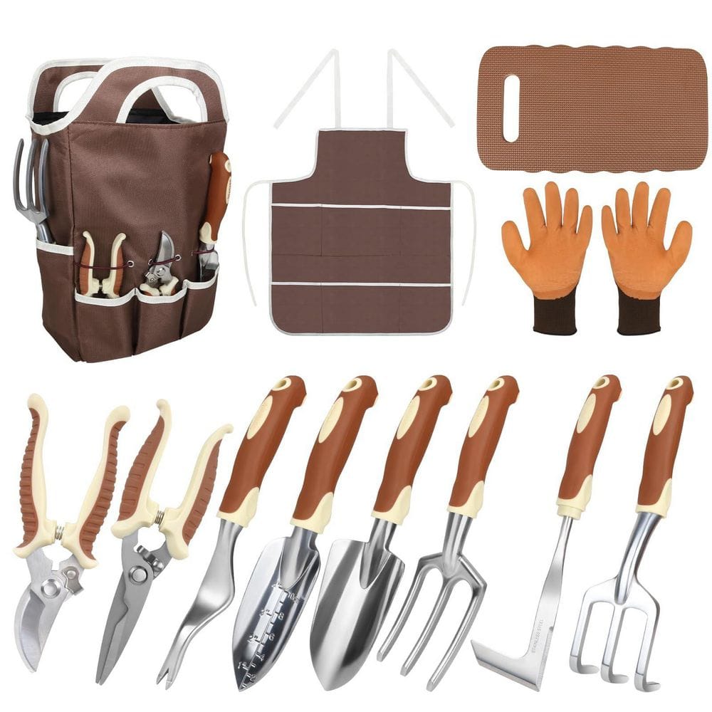 OGETFUUR 12-Piece Brown Garden Tool Set with Rubber Handle, Garden ...