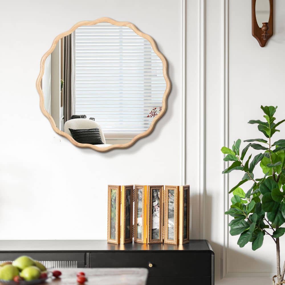 Natural 31.1 in. W Wavy Round Solid Wood Wall Mirror Decor for Bathroom ...