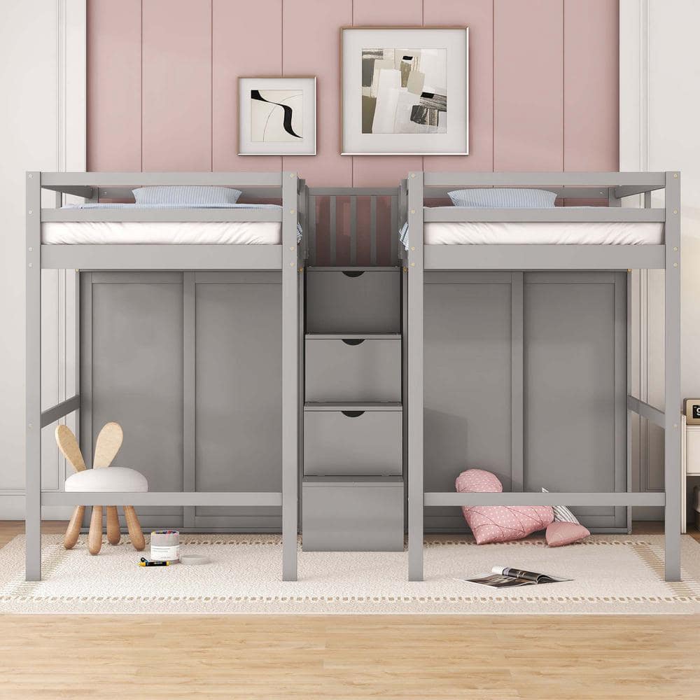 Polibi Double Twin Loft Beds with Wardrobes and Staircase, Gray RS ...