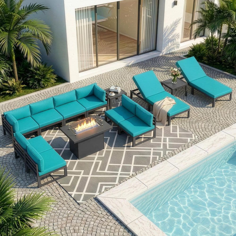 FINCATI 13-Piece Gray Aluminum Outdoor Patio Conversation Set with Teal ...