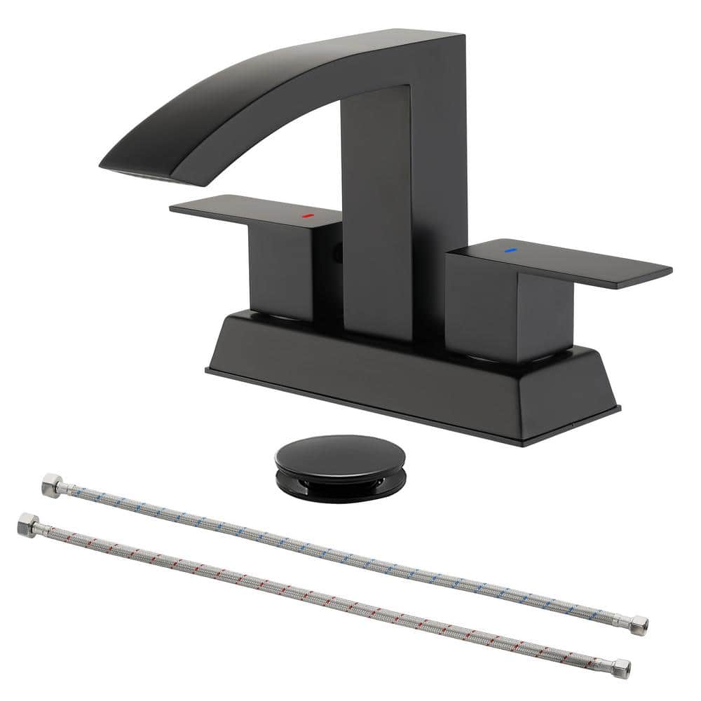 Nestfair 4 in. Centerset Double Handle Bathroom Faucet with Pop-Up Drain in Matte Black SMD001B ...